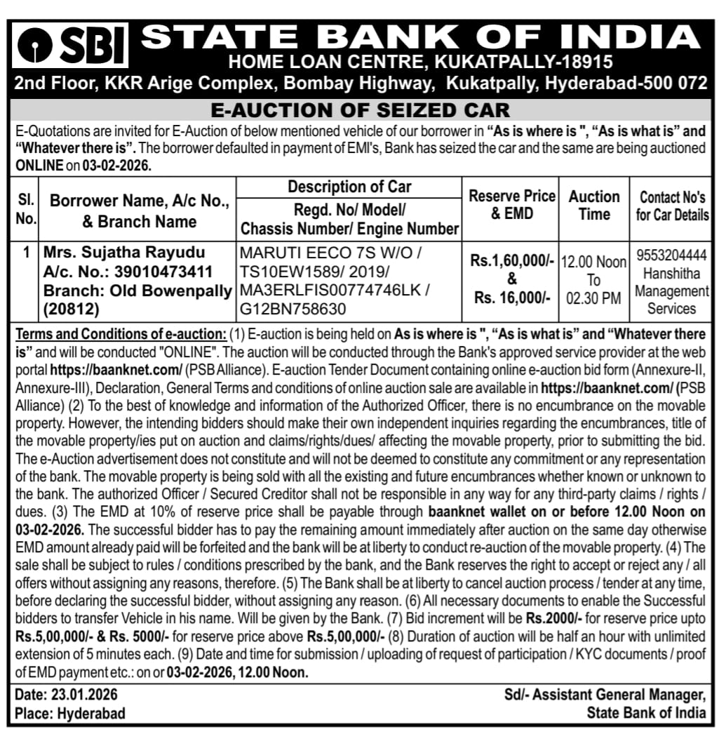 State Bank of India Auctions for Vehicle Auctions property in Hyderabad ...